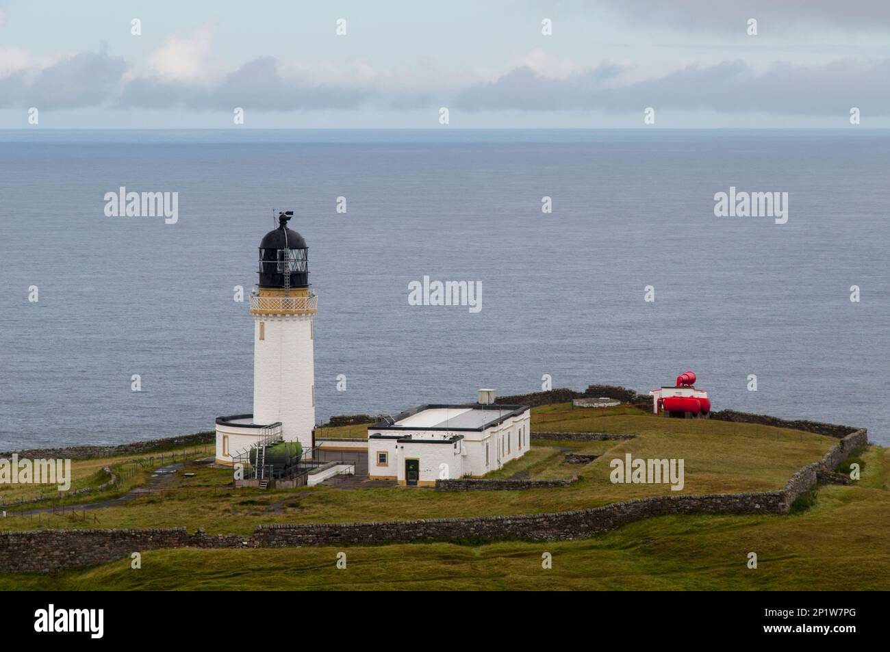 View of lighthouse and foghorn on coastal clifftop, Cape Wrath Lighthouse, Cape Wrath ...