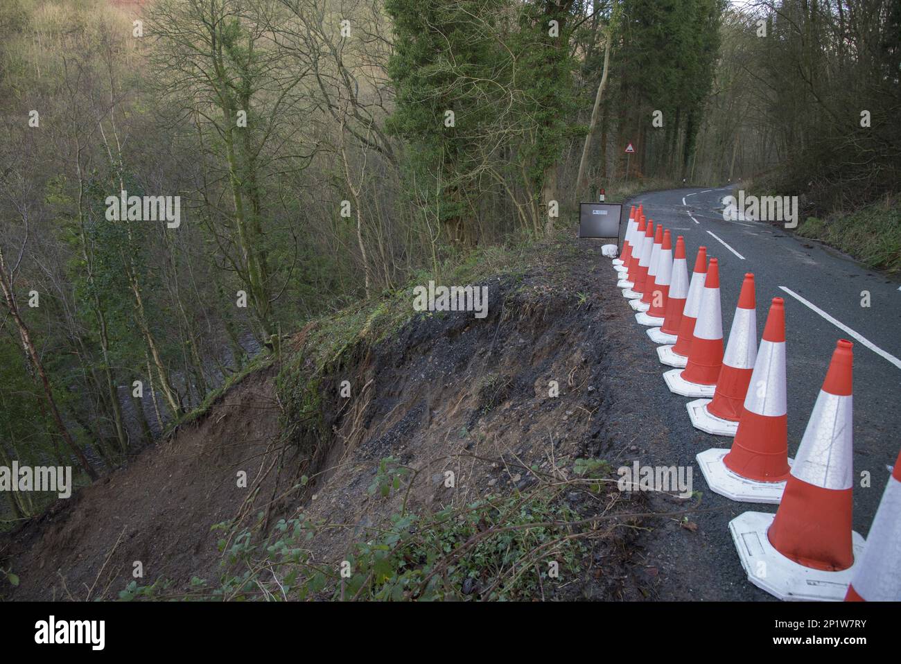 Landslide on roadside slope caused by heavy rain, Whitewell, Clitheroe ...