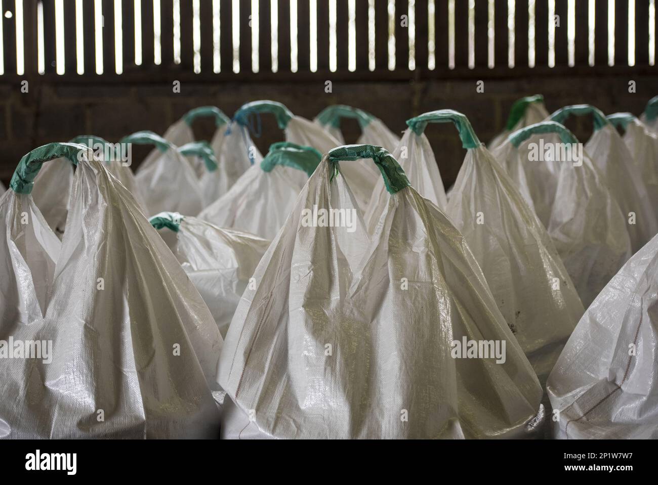 Farm shop fertiliser bags, North Yorkshire, England, United Kingdom ...