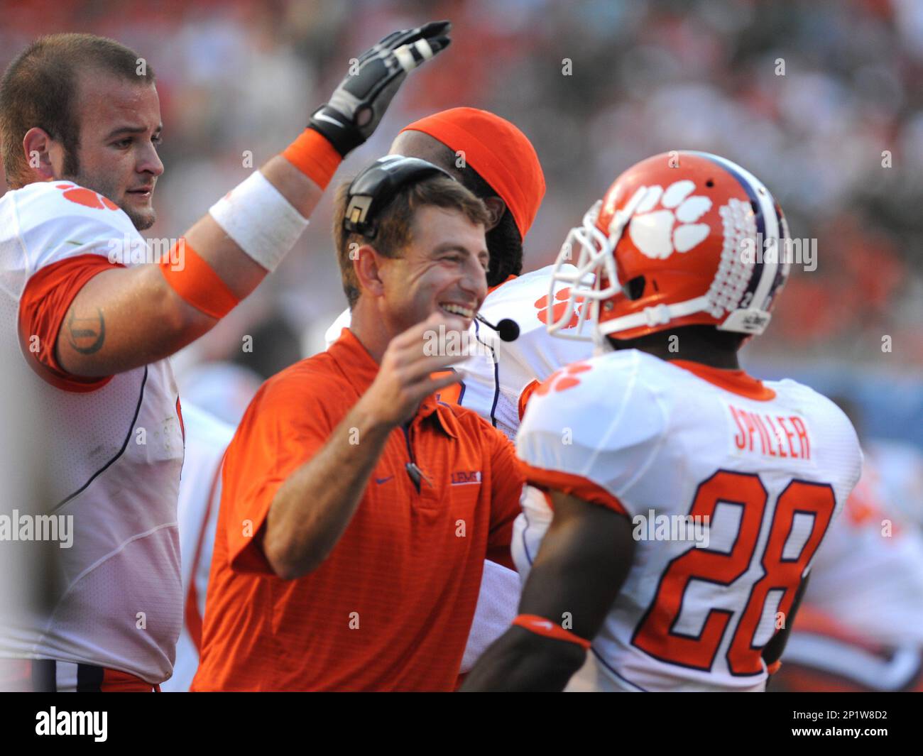 Coach Dabo Swinney of the Clemson Tigers celebrates a touchdown against ...