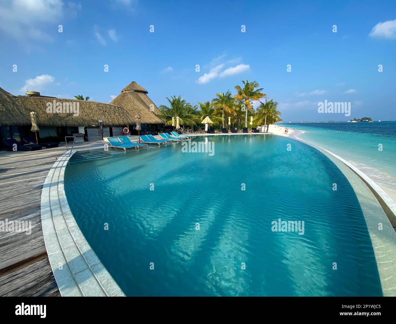 Holiday island in the Maldives, With swimming pool, Huts, and sun ...