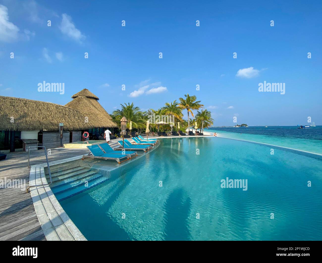 Holiday island in the Maldives, With swimming pool, Huts, and sun ...
