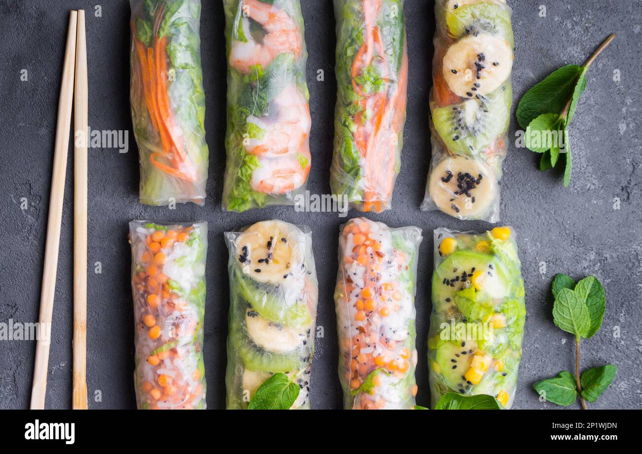 Fresh assorted spring rolls set. Handmade asian/Chinese spring rolls ...