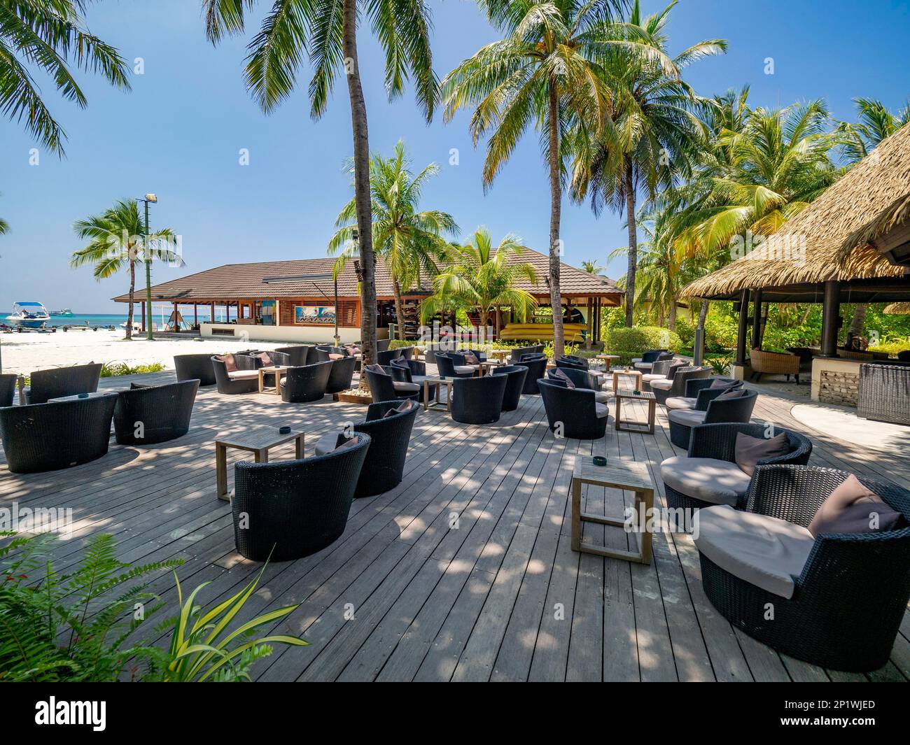 Holiday island in the Maldives, With swimming pool, Huts, and sun ...