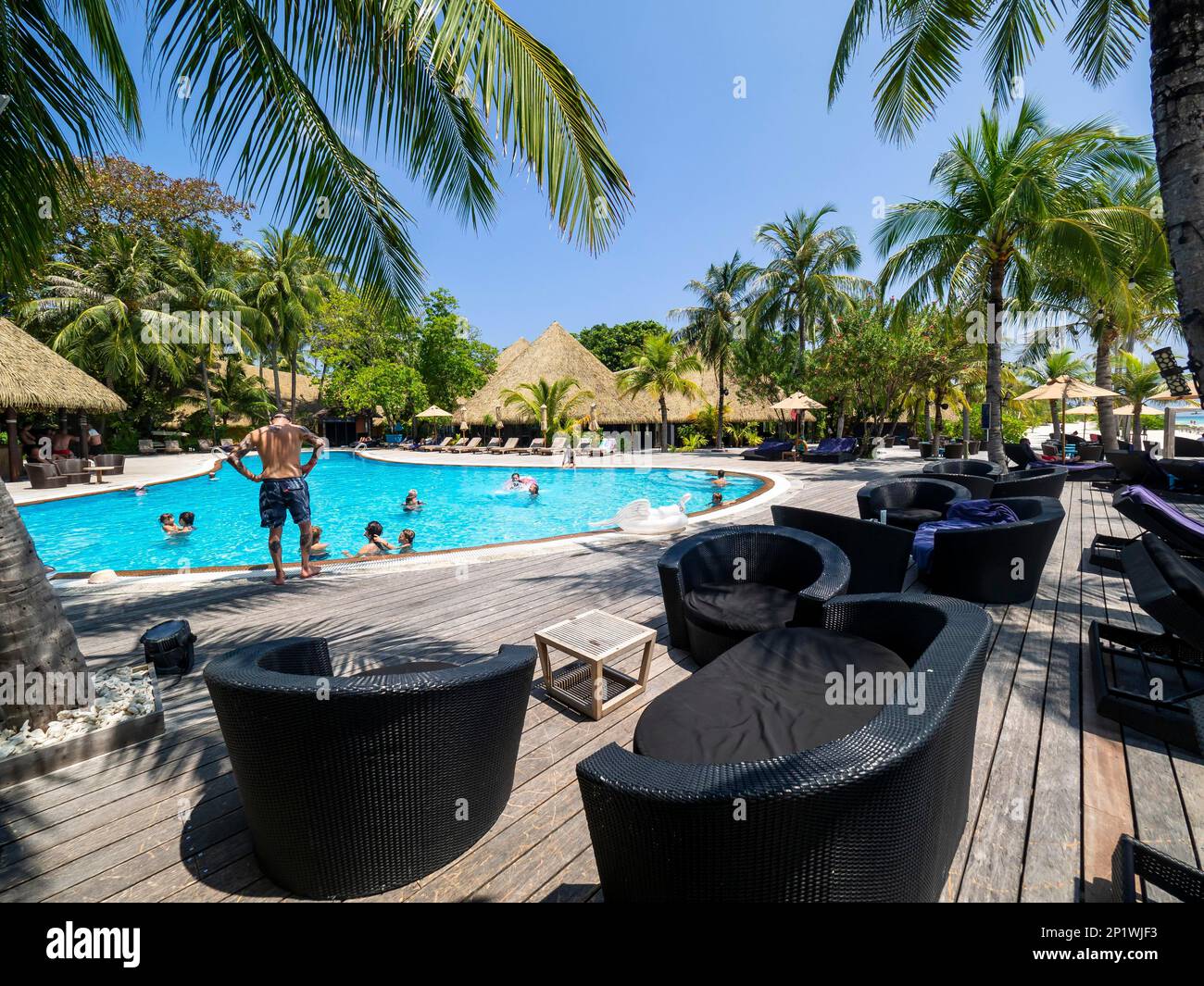 Holiday island in the Maldives, With swimming pool, Huts, and sun ...
