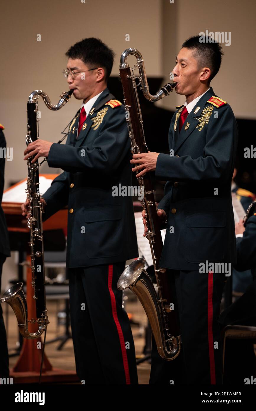Members of the Japan Ground Self-Defense Force 15th Brigade Band ...