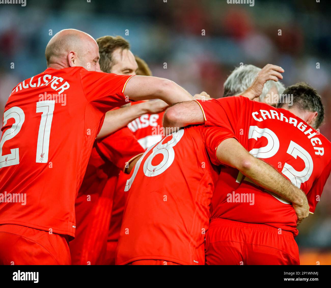 January 07, 2016: Liverpool FC Legends celebrate a goal by John ...