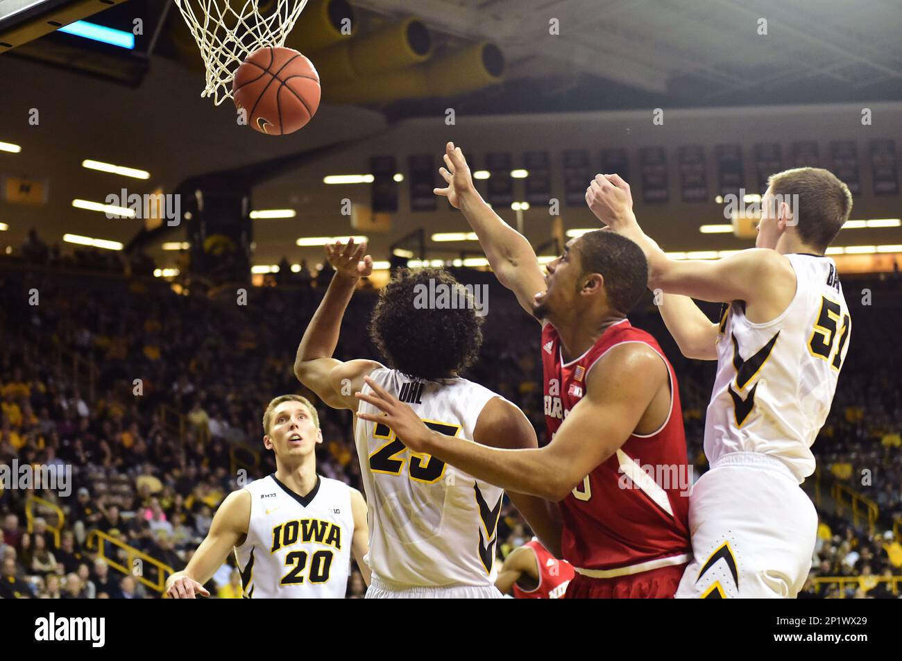 05 January, 2016: Iowa Hawkeyes forward Dom Uhl (25) can't come up with ...