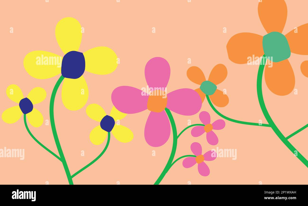 Cute colorful flowers on lite pink background. Cartoon style Vector ...