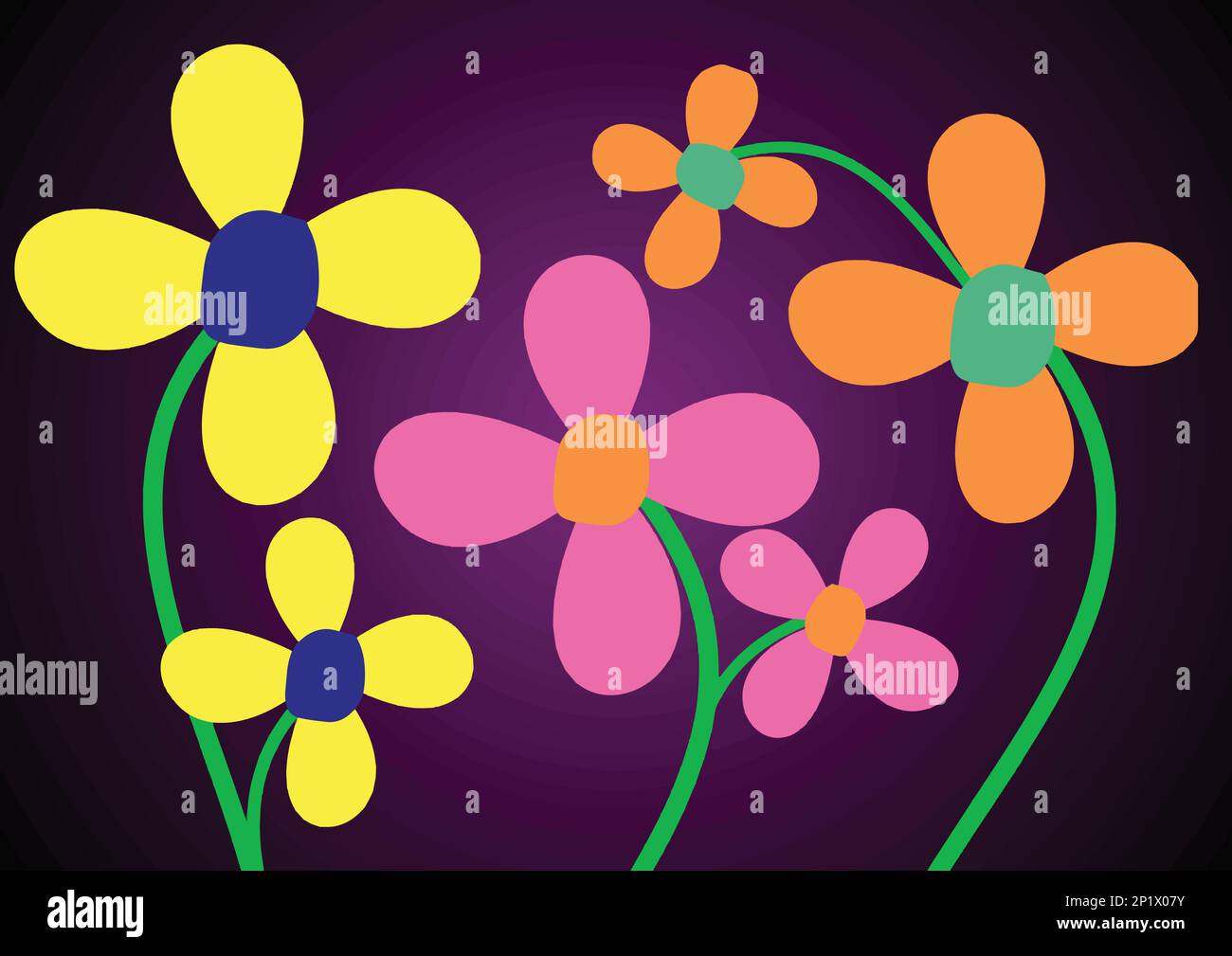 Multicolored cartoon flowers on a purple background. Vector ...