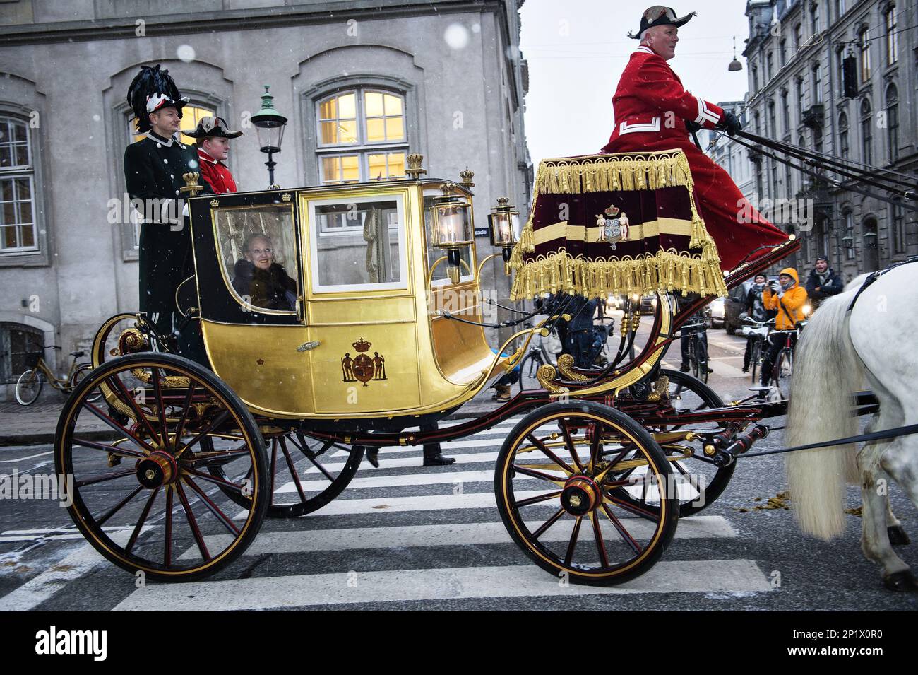 Danish Queen Margrethe in her Gold Coach on her way from Amalienborg ...