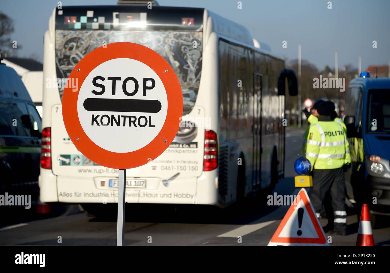 Members of the Danish police have set up a border checkpoint at Krusa ...