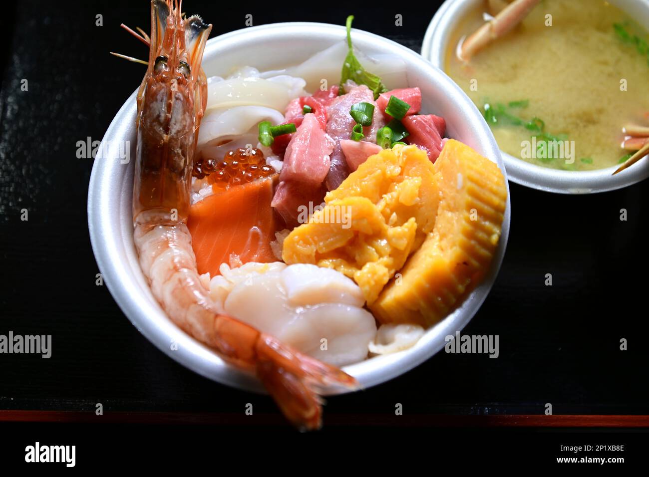 The Aomori Nokkedon, a rice bowl dish of toppings on hot steamed rice ...