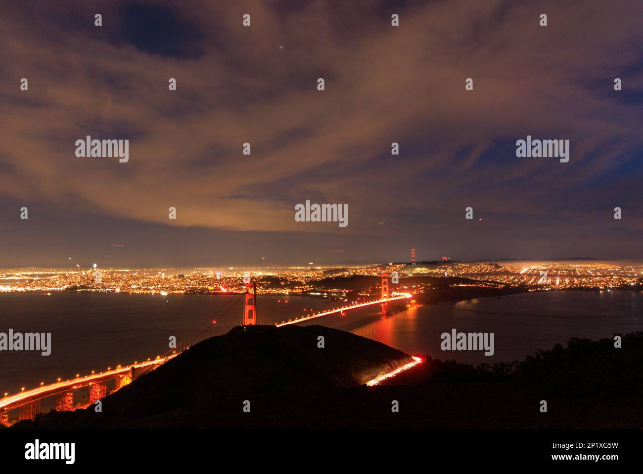 Lights from cars and traffic on Golden Gate Bridge ith sprawling city ...