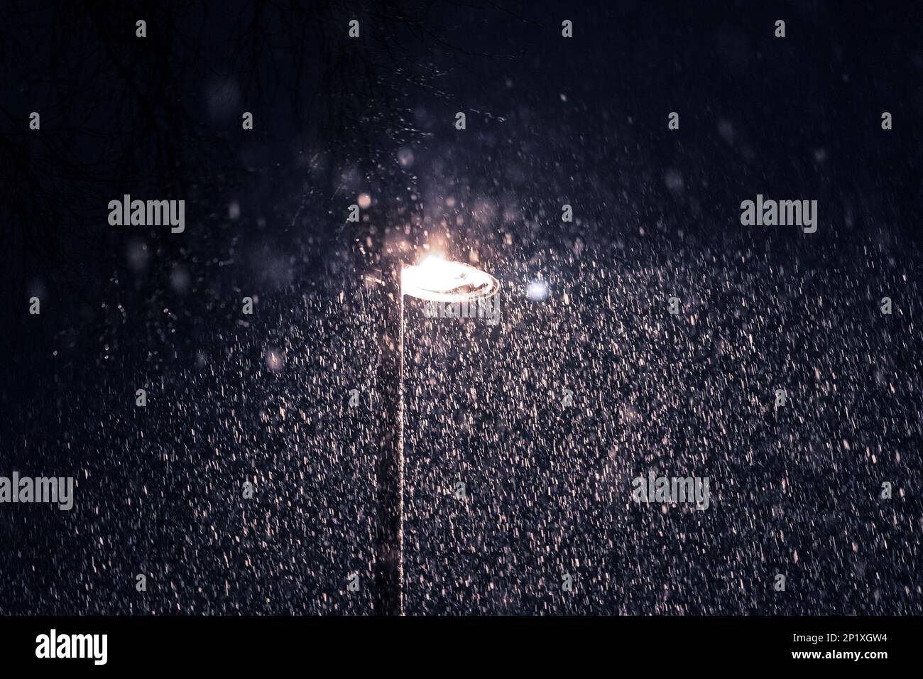 A portrait of a turned on street light or lantern, lighting up a street ...