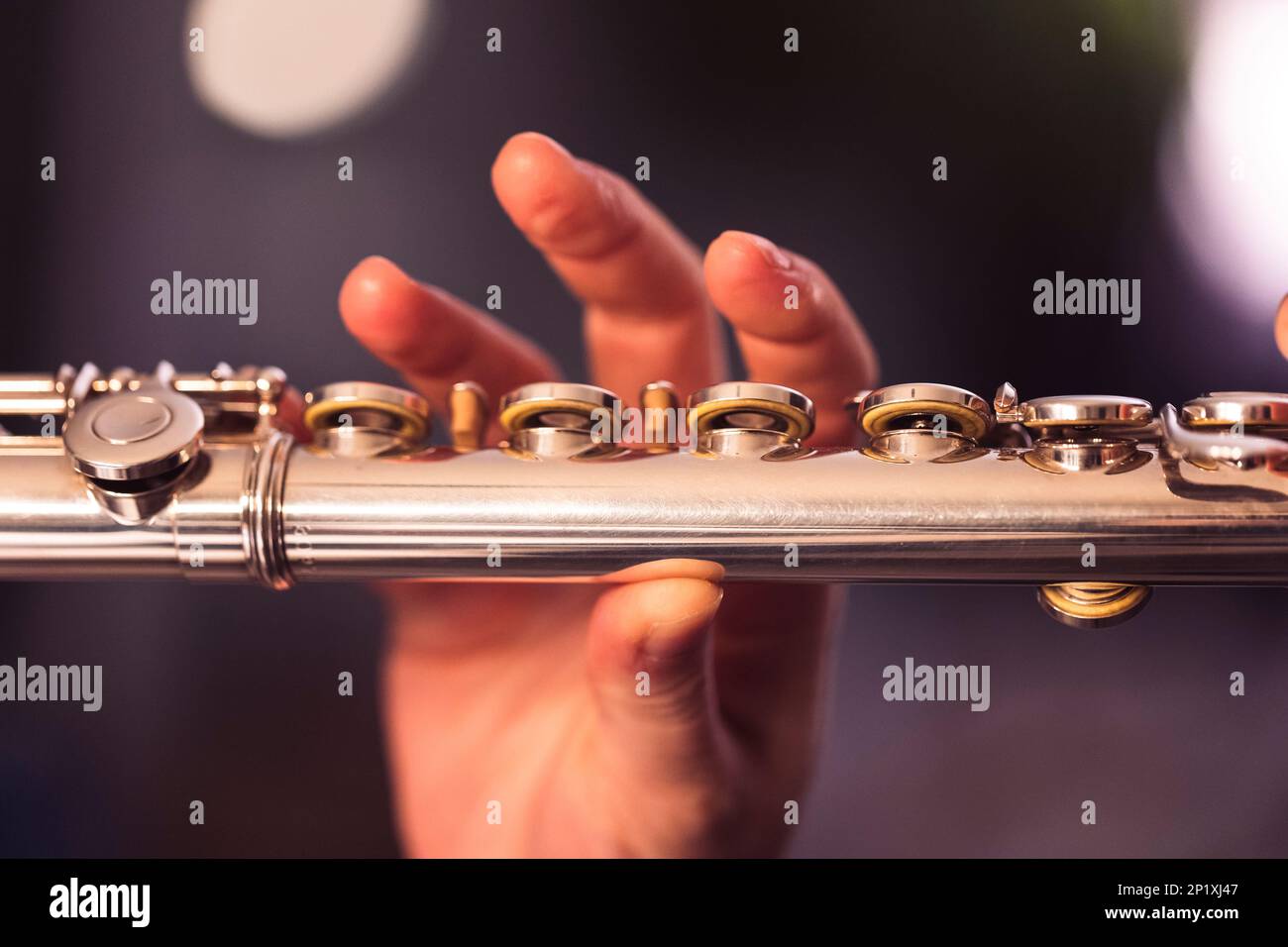 A portrait of the fingers of a hand of a flutist musician releasing the ...