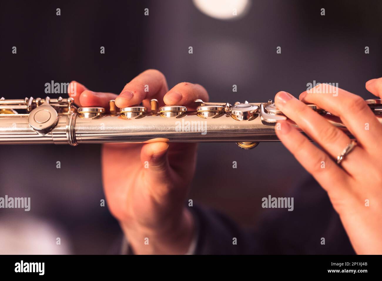 A close up portrait of the fingers of a hand of a flutist musician ...