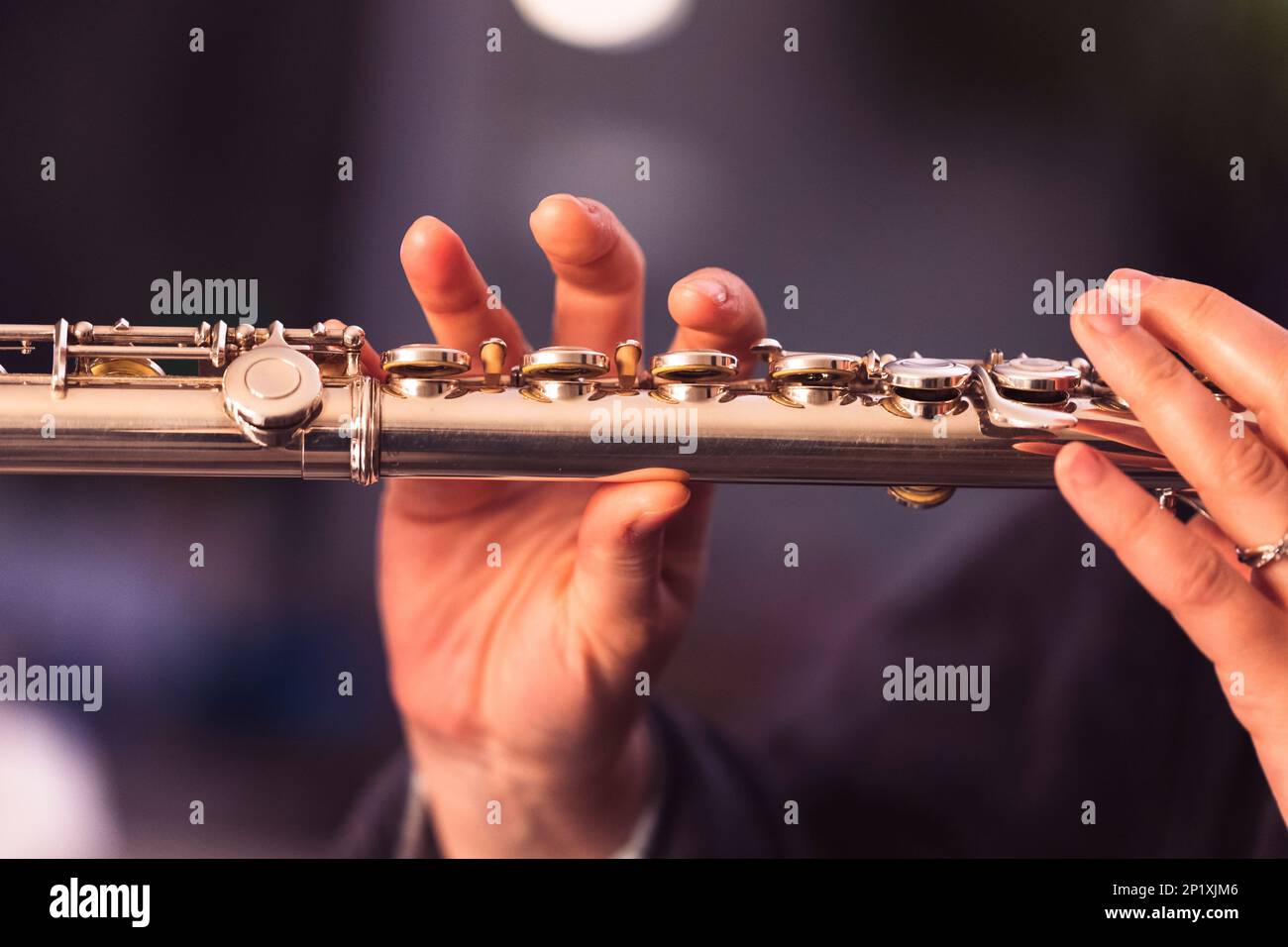 A close up portrait of the fingers of a hand of a flutist musician ...