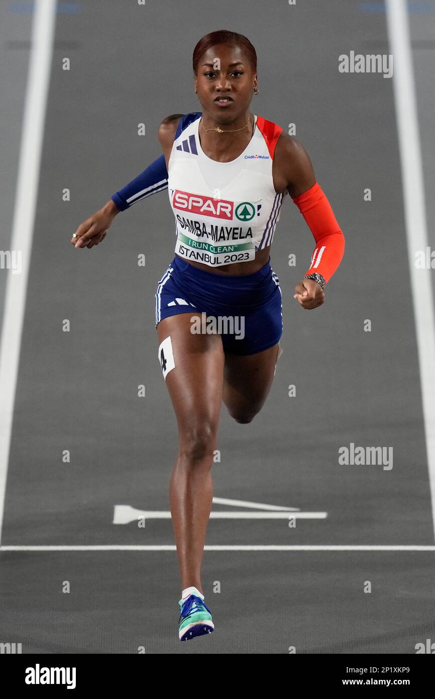 Cyrena Samba-Mayela, of France, wins a Women 60 meters Hurdles heat at ...