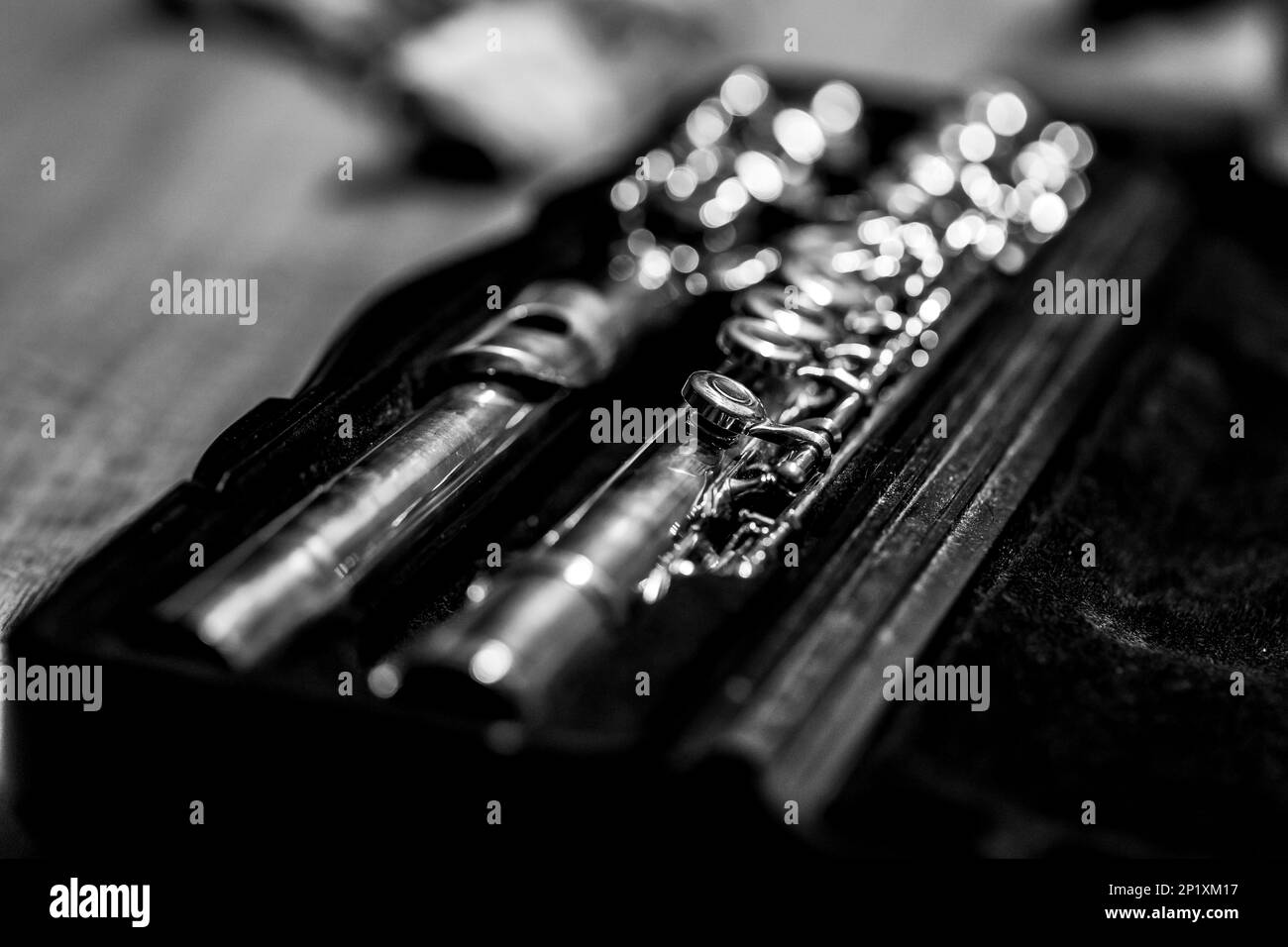 A black and white portrait of a valve of a disassembled metal silver ...