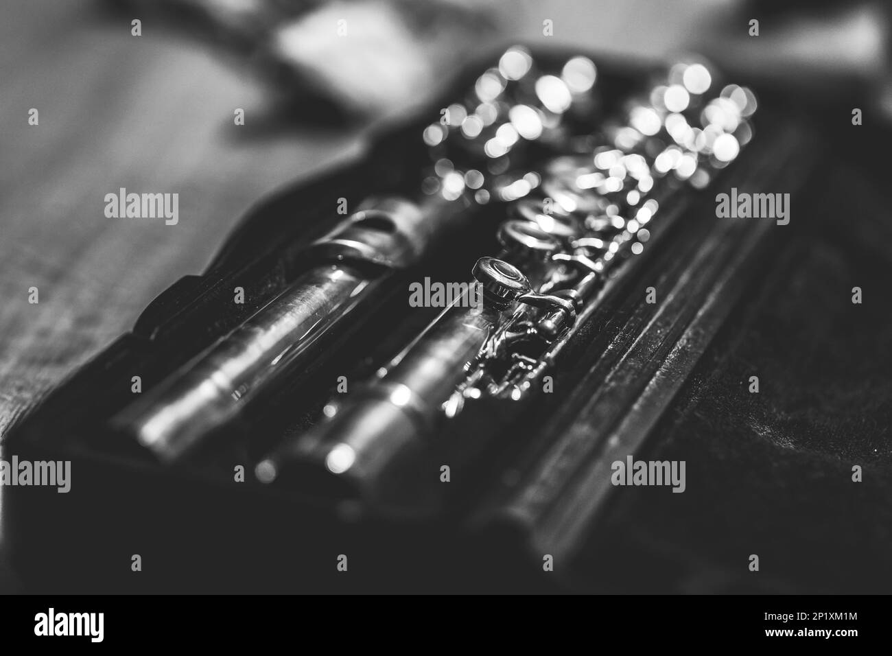 A black and white portrait of a valve of a disassembled metal silver ...