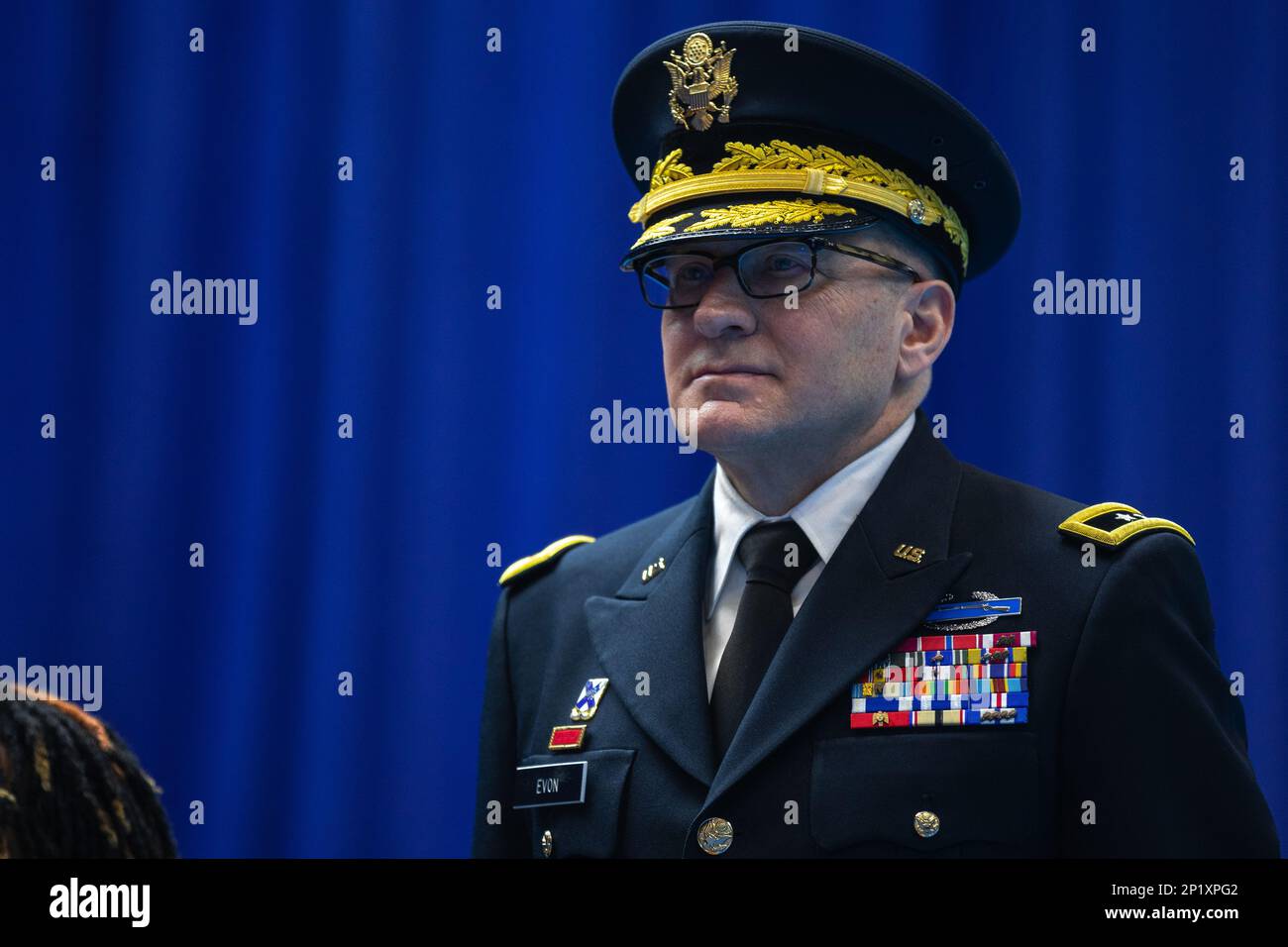 U.S. Army Maj. Gen. Francis Evon, the Connecticut Adjutant General, stands at the position of ...