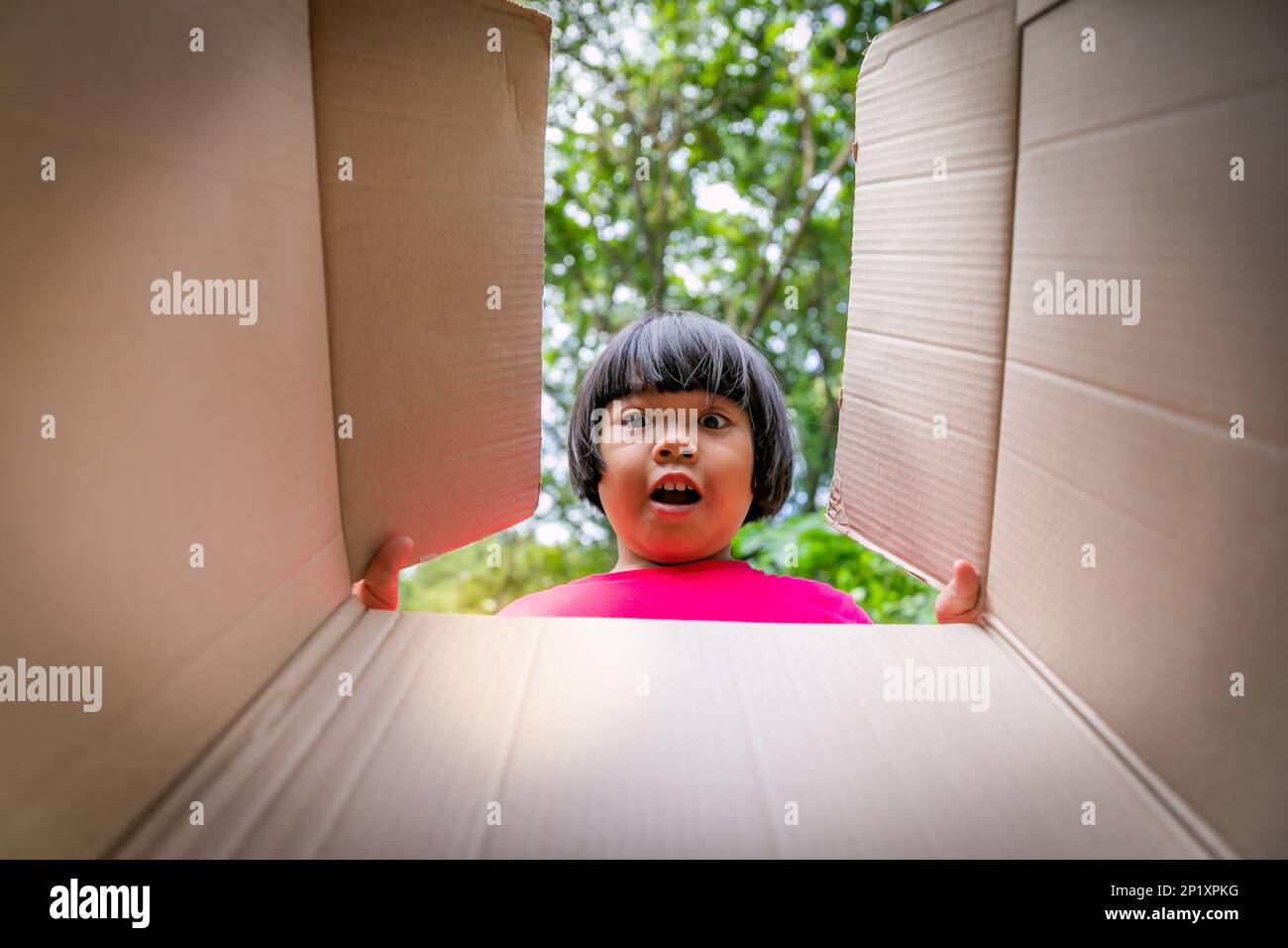 Asian children playing in cardboard boxes Stock Photo - Alamy