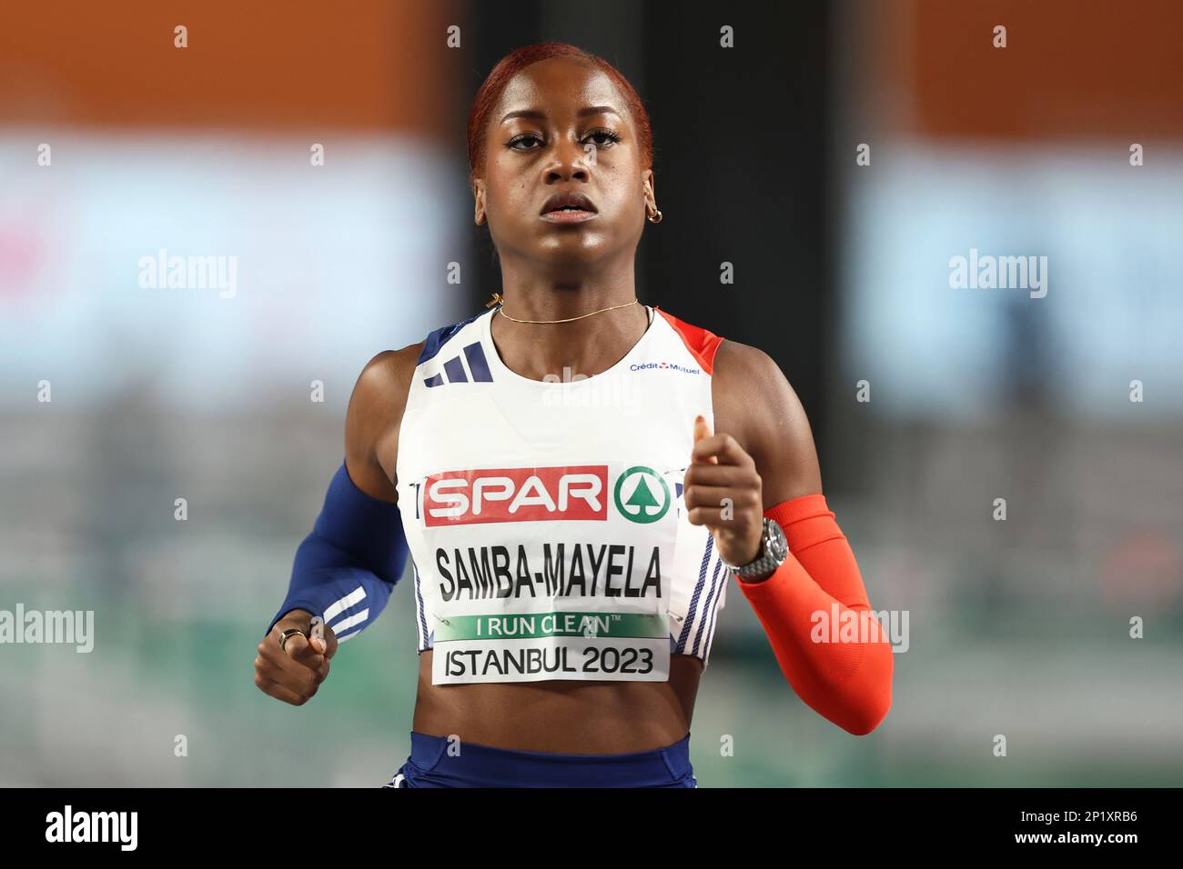 Cyrena Samba-Mayela, of France, wins a Women 60 meters Hurdles heat at ...