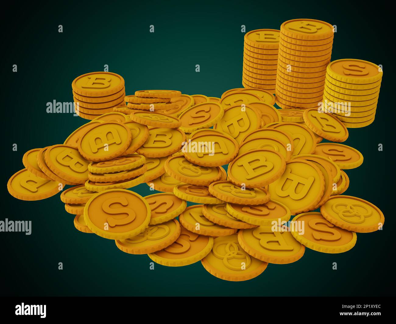 Money coins and tokens piled and stacked on gradient background 3D ...