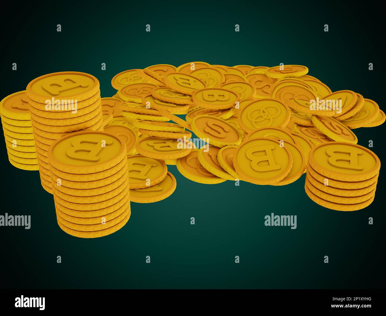 Money coins and tokens piled and stacked on gradient background 3D ...