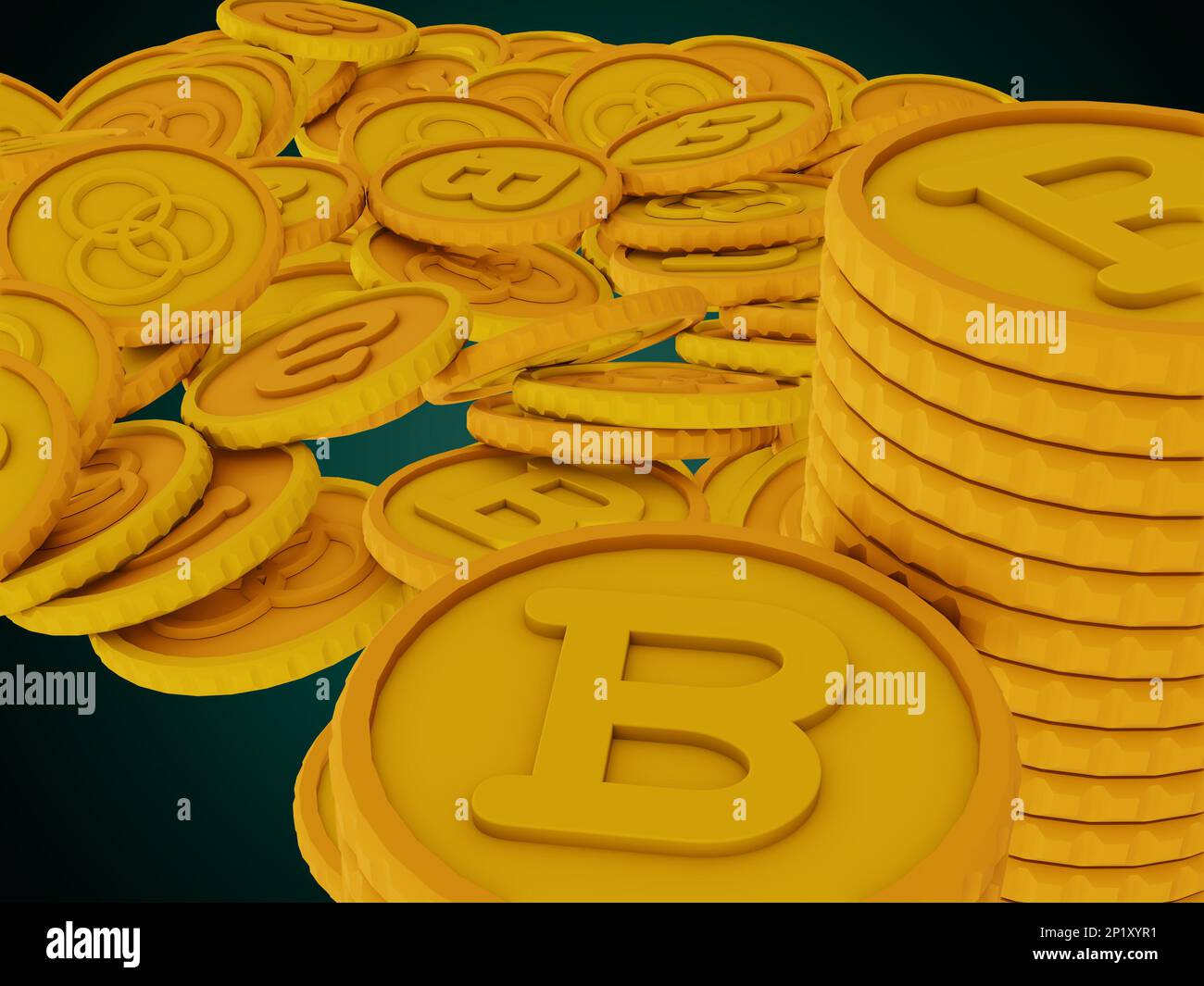 Money coins and tokens piled and stacked on gradient background 3D ...