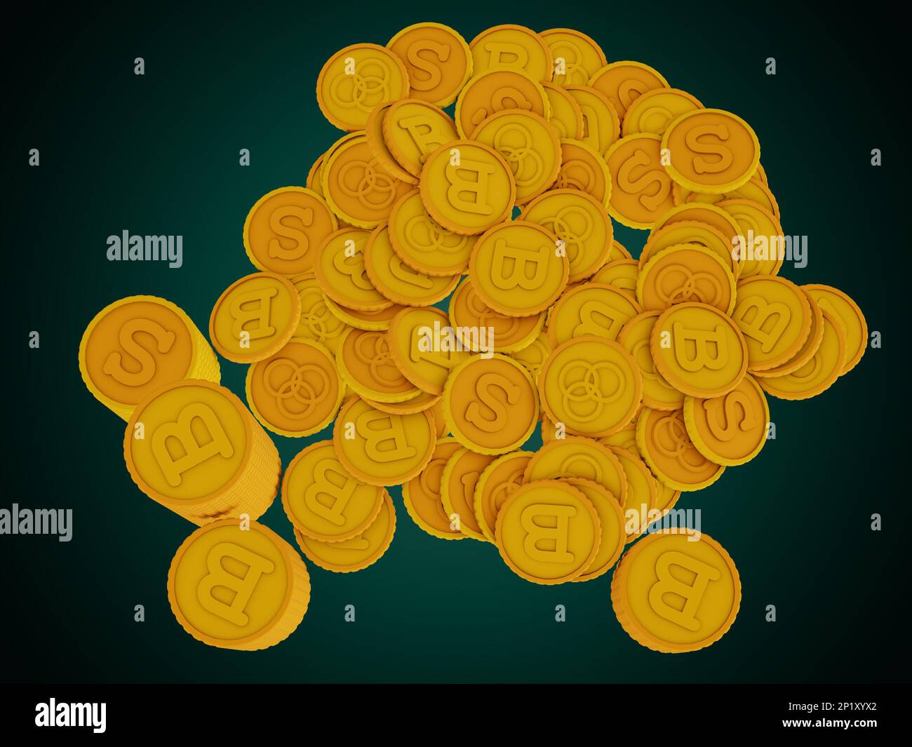 Money coins and tokens piled and stacked on gradient background 3D ...