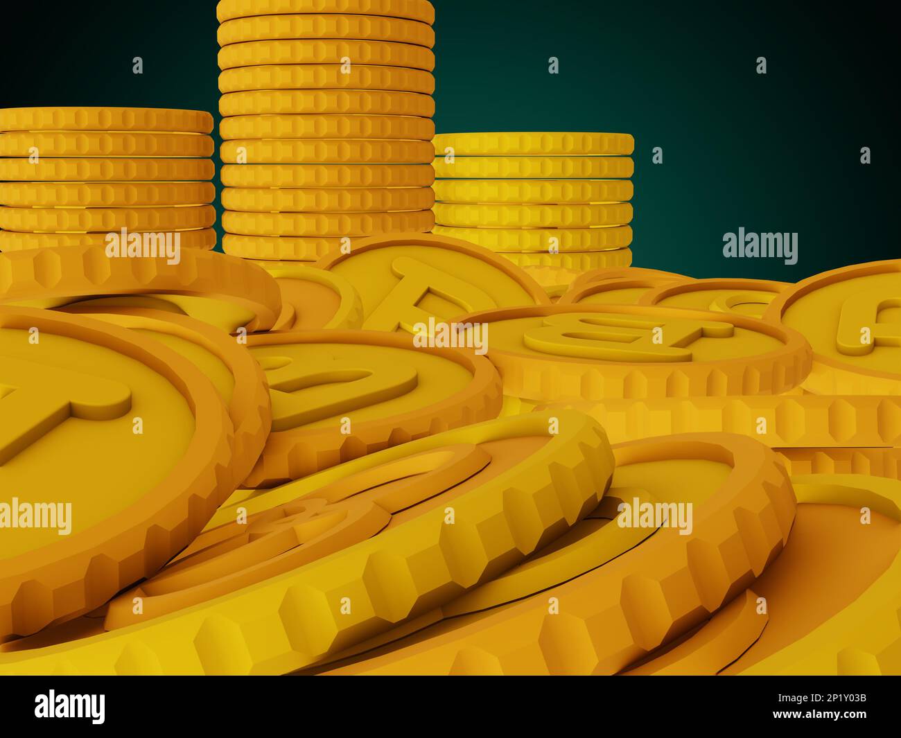 Money coins and tokens piled and stacked on gradient background 3D ...