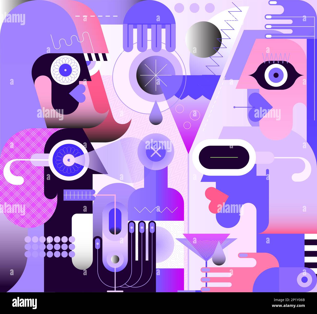 People drink cocktails and talk to each other. Group of friends ...