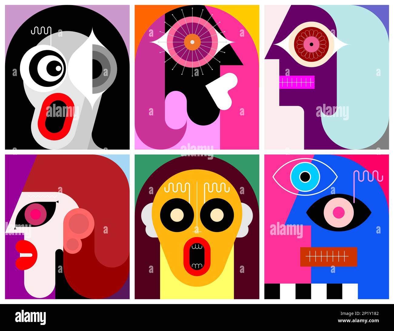 Six Portraits modern art layered vector illustration. Composition of ...