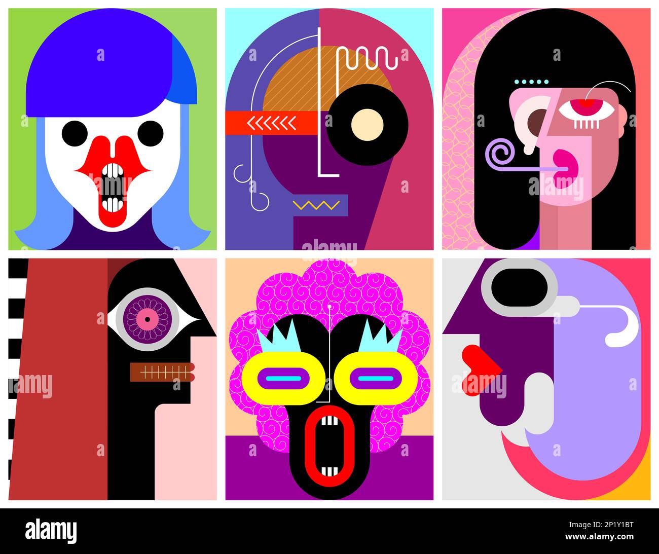 Six Portraits modern art layered vector illustration. Composition of ...