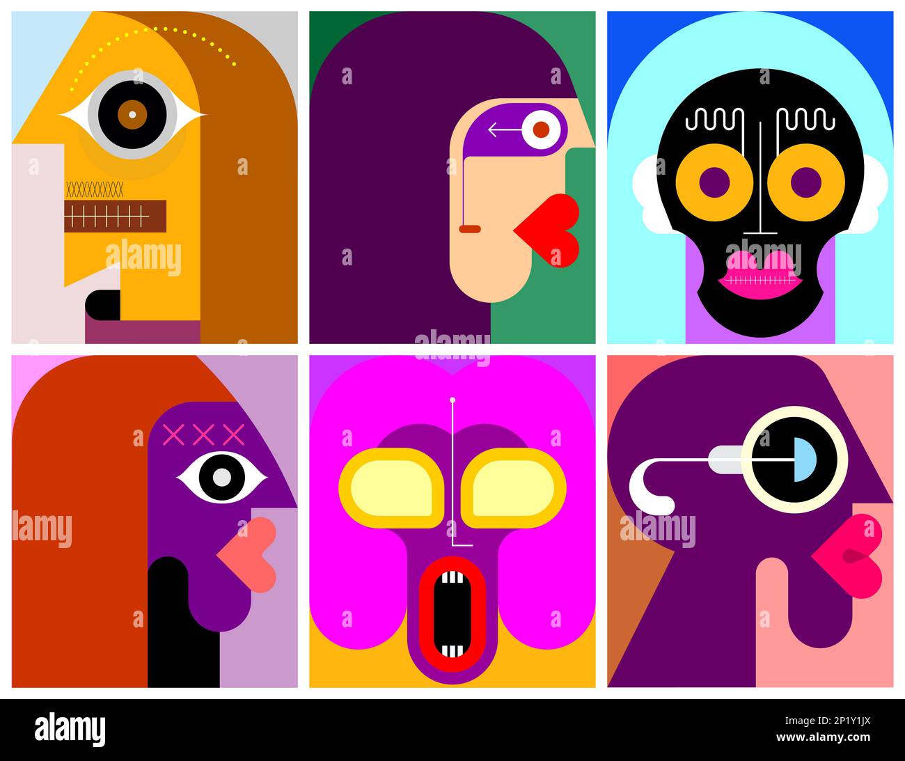 Six Portraits modern art layered vector illustration. Composition of ...