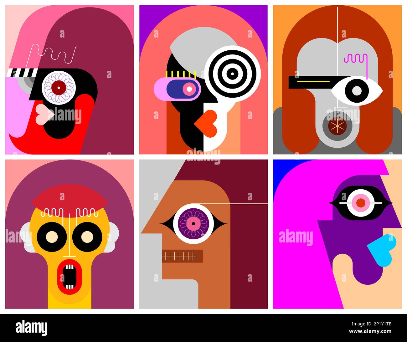 Six Portraits modern art layered vector illustration. Composition of ...