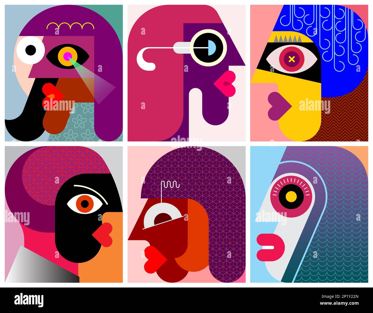 Six different faces modern art vector illustration. Design of six ...