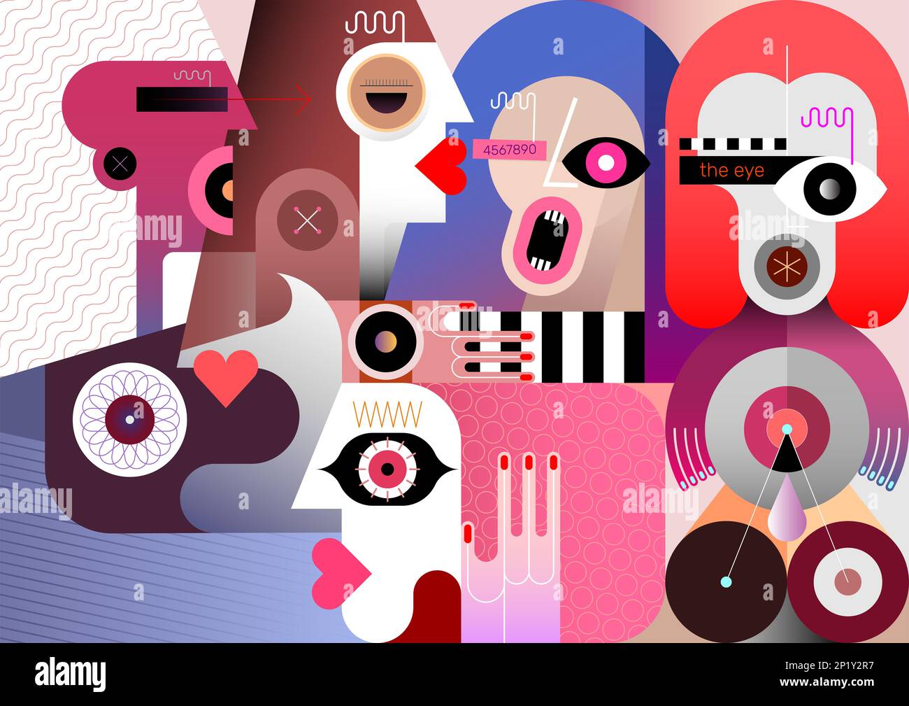 Six people of different races met and communicate. Modern geometric art ...