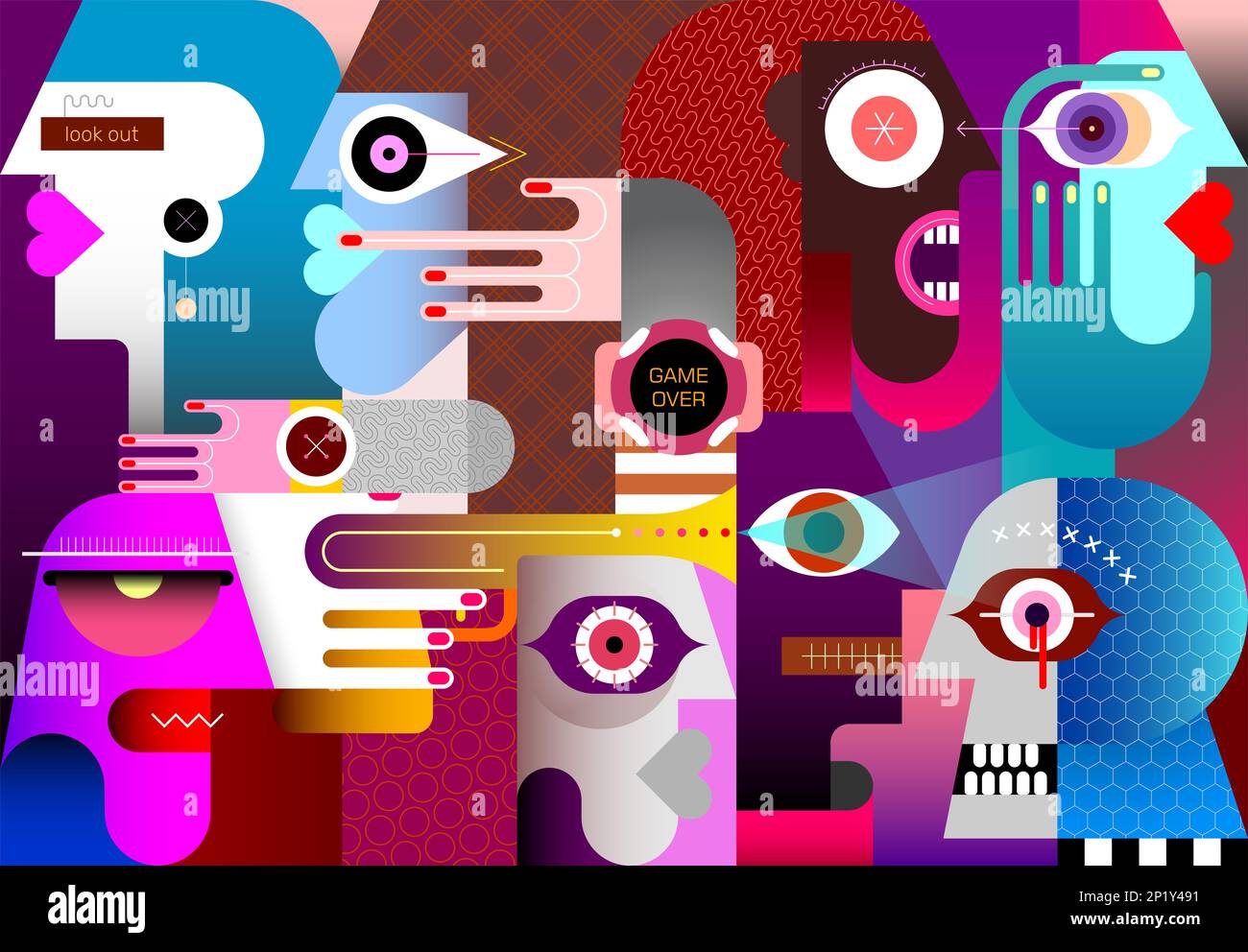 Armed attack modern art vector illustration. Angry man shoots a gun at ...