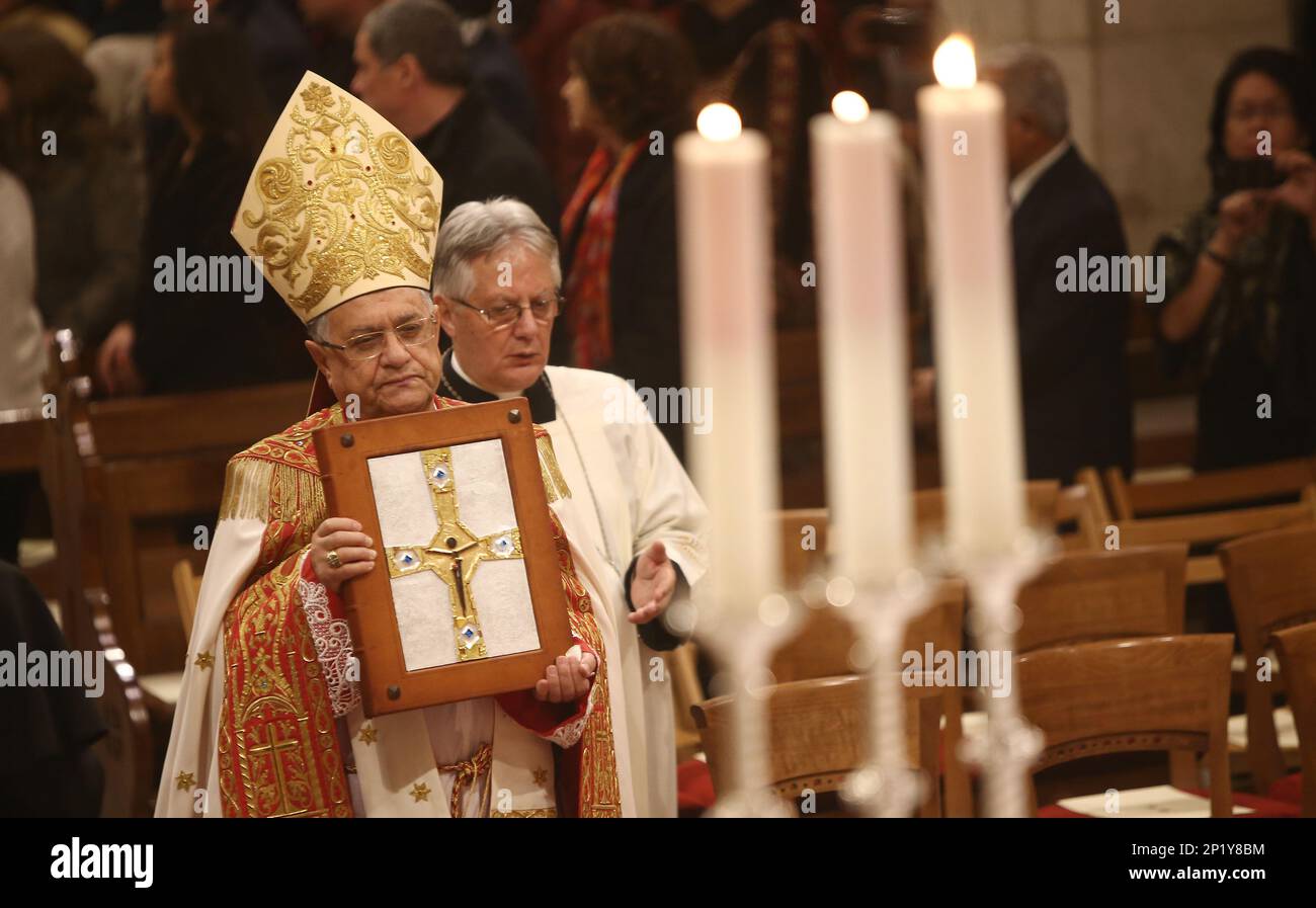 In this Thursday, Dec. 24, 2015 photo, the Latin Patriarch of Jerusalem ...