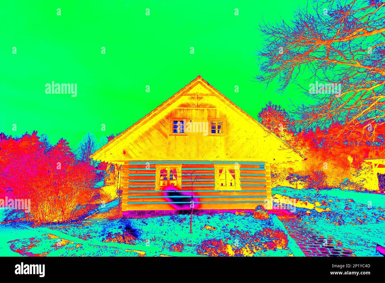 Wooden family house in infrared thermovision scan. Building warmth ...