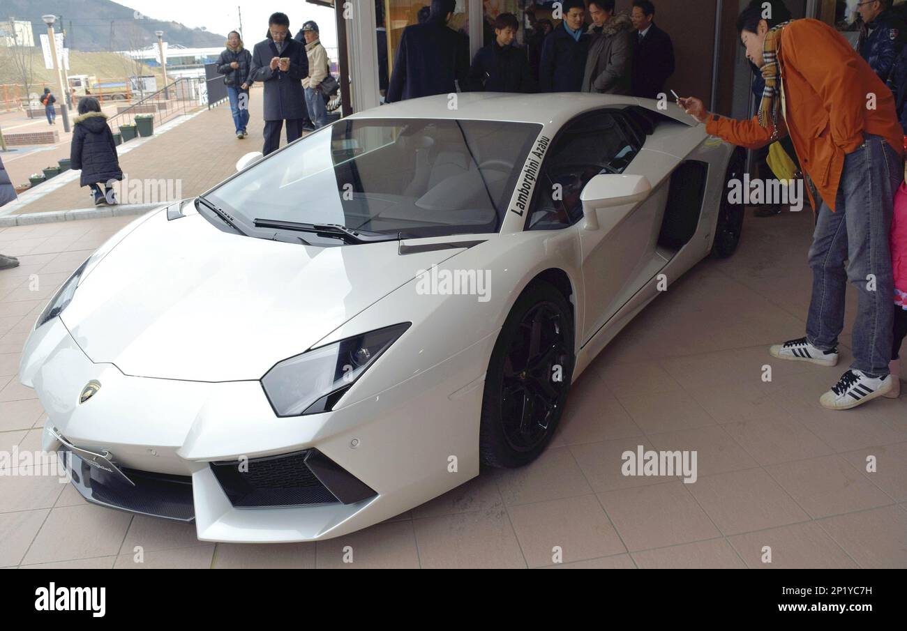 Italian supercar Lamborghini is displayed at a show room in Onagawa ...