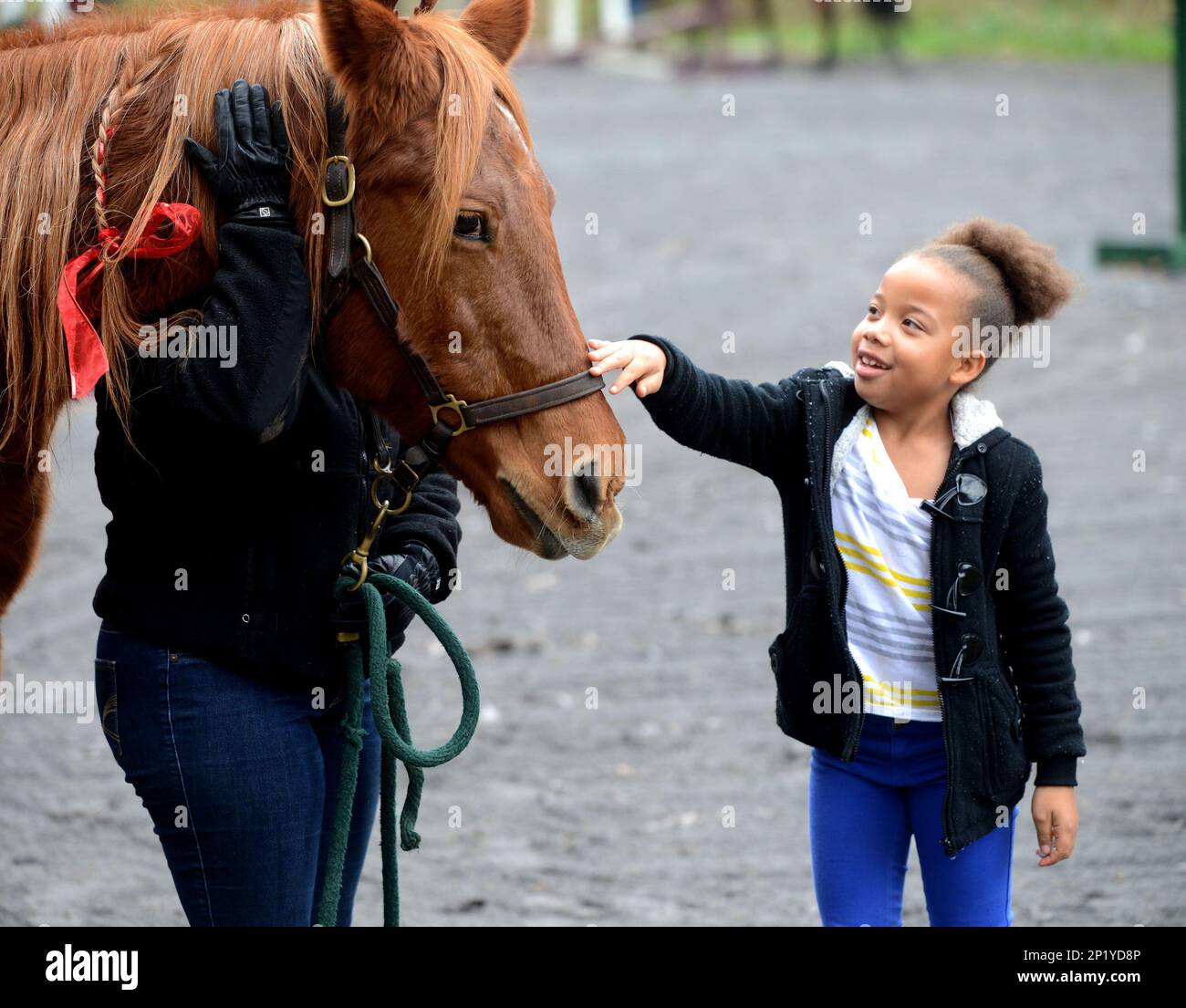Aiden Aldridge give "Brandy" a pat on the nose after finishing her ride ...