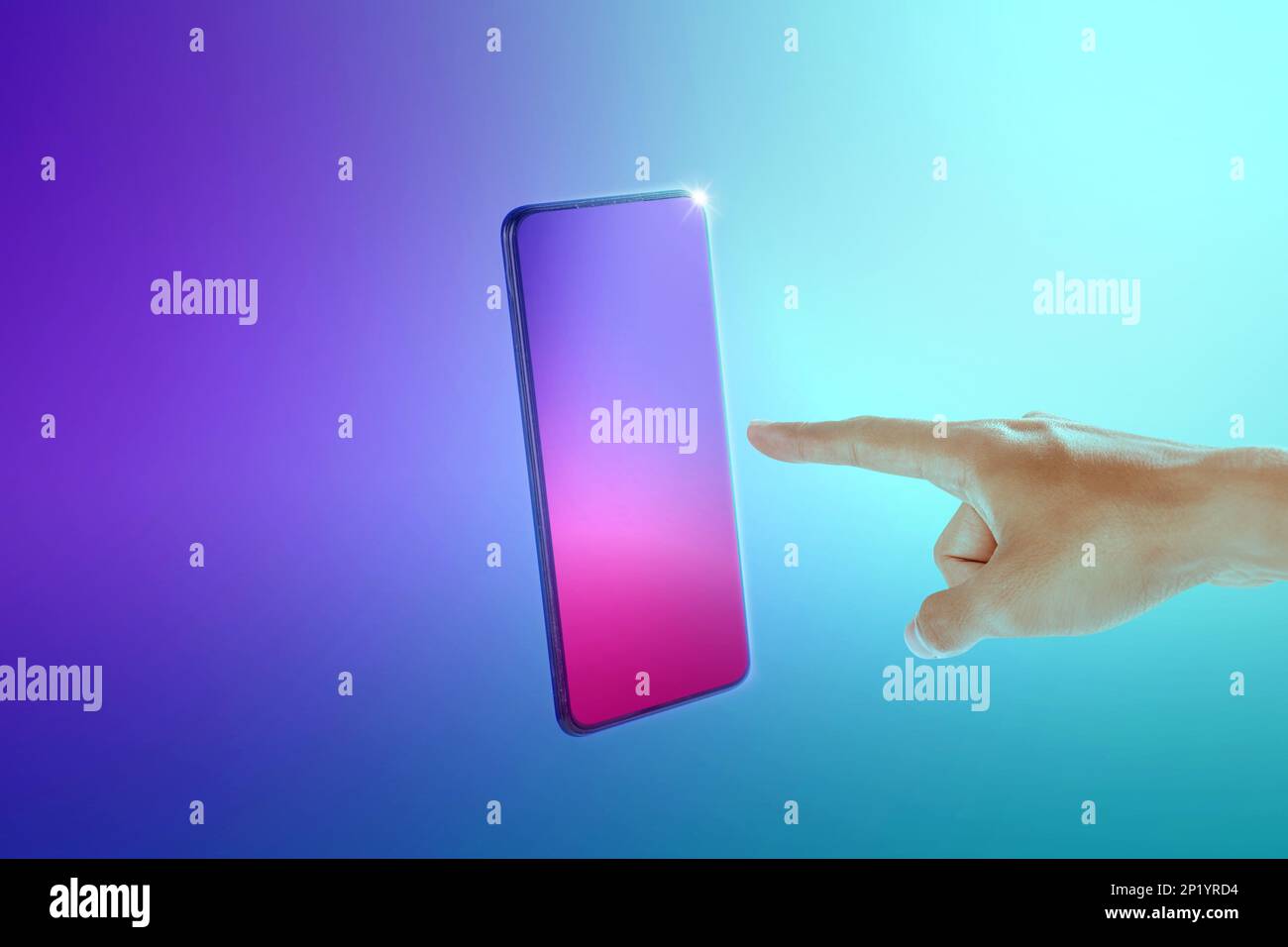 Human hand pointing mobile phone screen on a colored background Stock ...