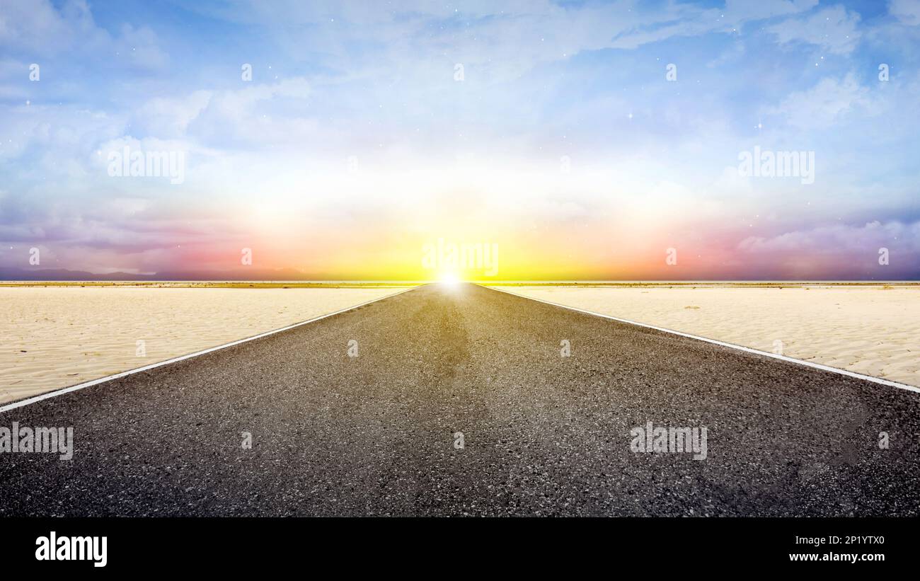 Asphalt road with a desert view and sunset scene background Stock Photo ...
