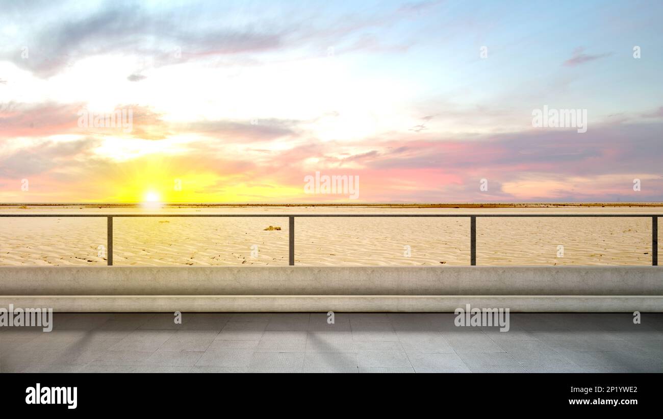 Terrace floor with views of sand dunes with a sunset sky background ...