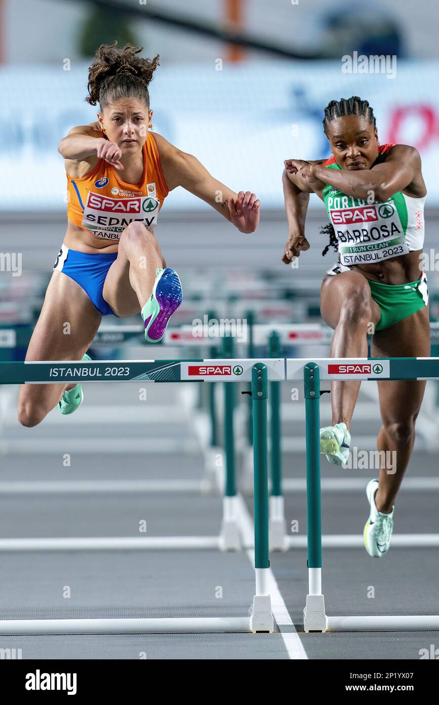 ISTANBUL - Zoe Sedney in action on 60 meters hurdles on the third day ...