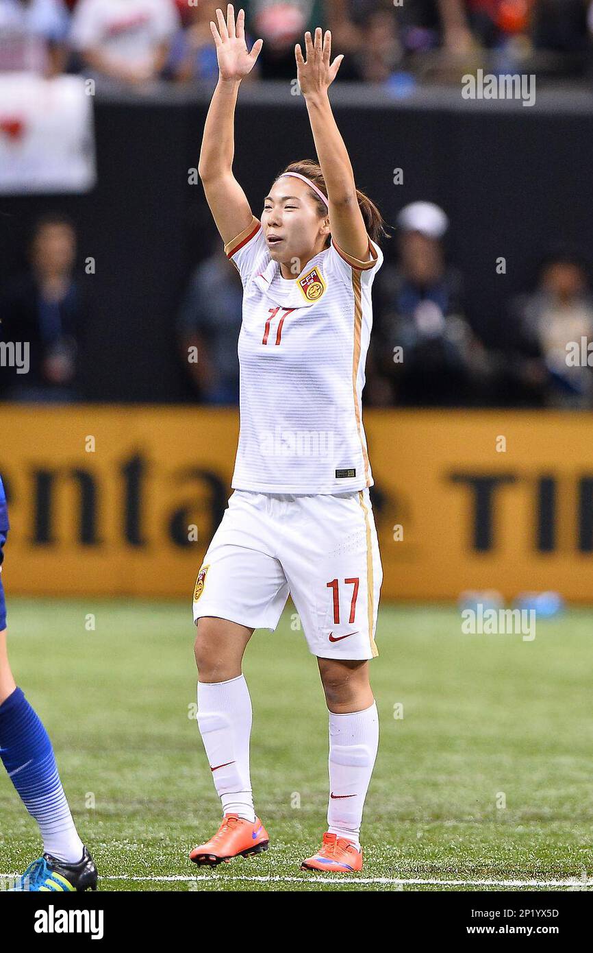 China's midfielder Gu Yasha (17) celebrates at the conclusion of an ...